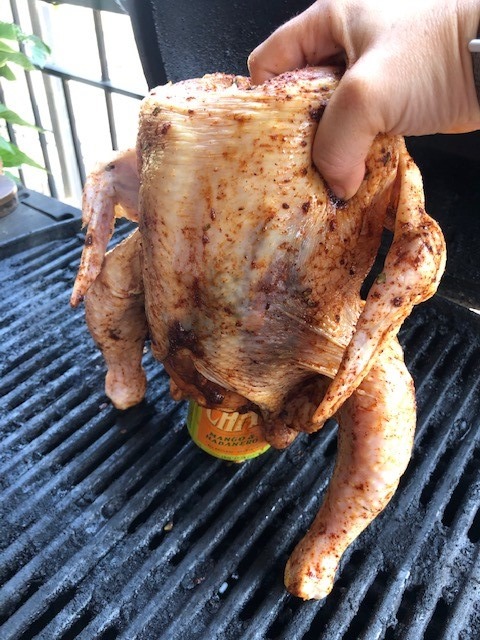 Hard Cider Can Chicken with Spicy Pickled Peaches
