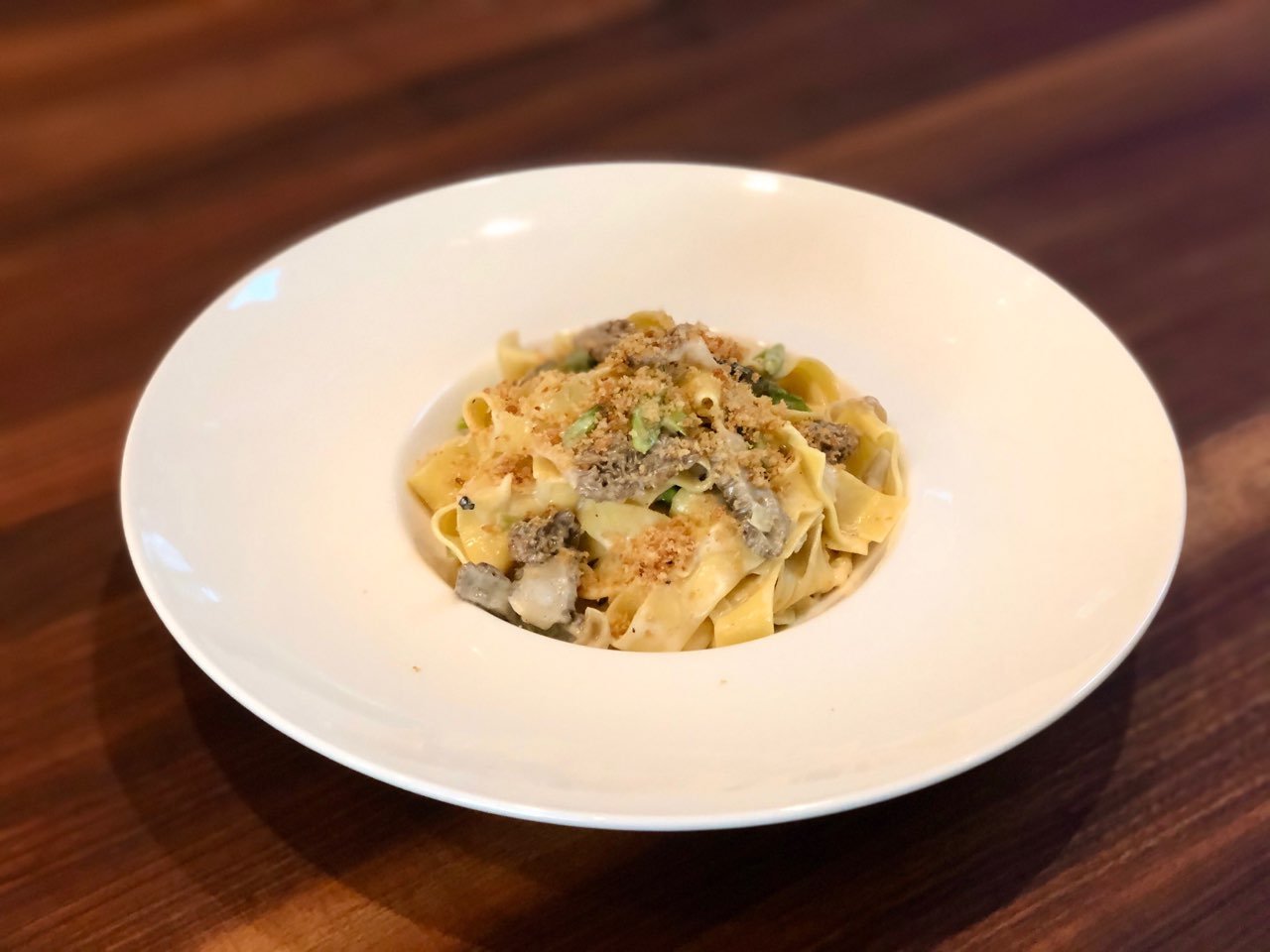 Duck Egg Tagliatelle with Morel Mushrooms and Asparagus