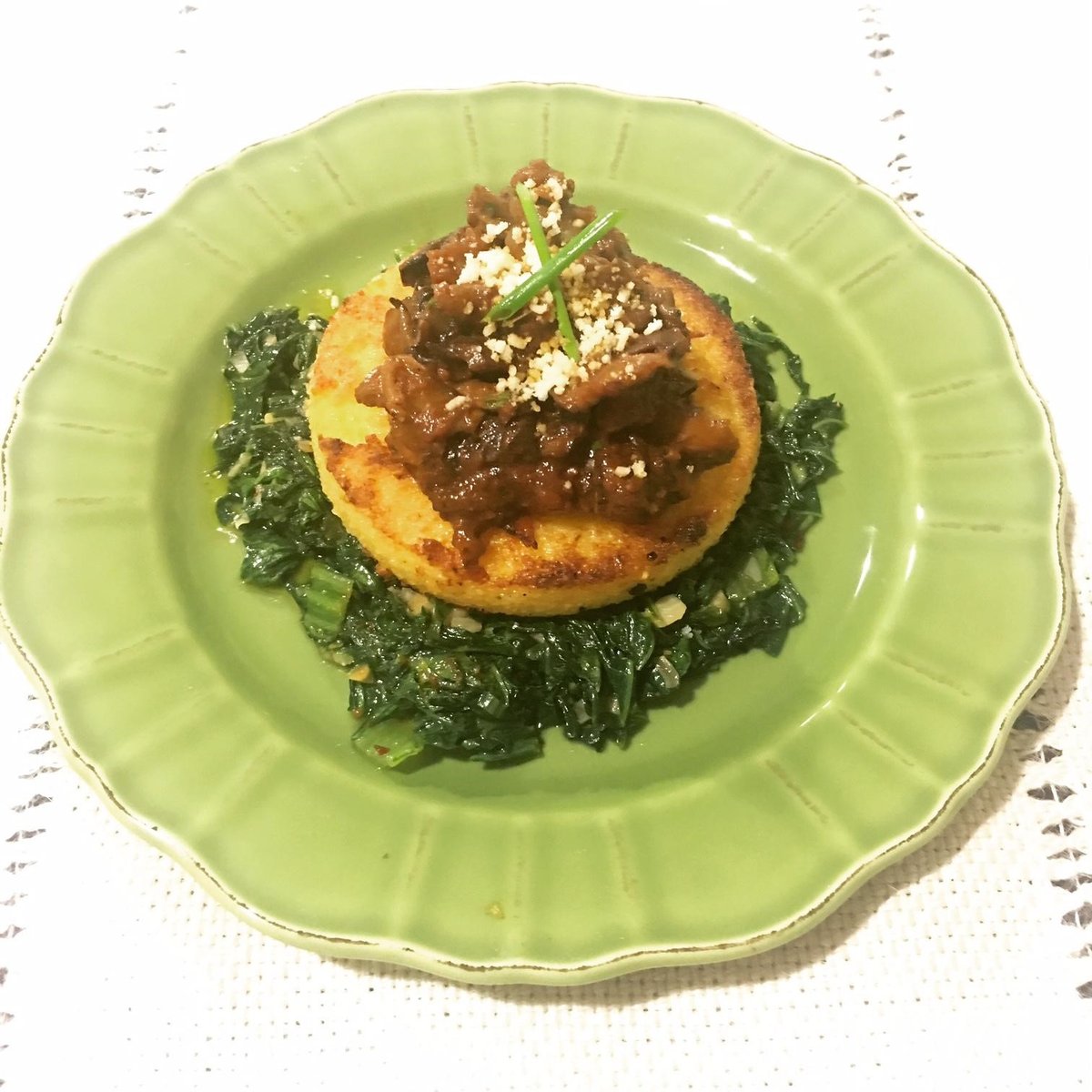 Truffle Polenta with Mushroom Ragout & Garlicky Greens