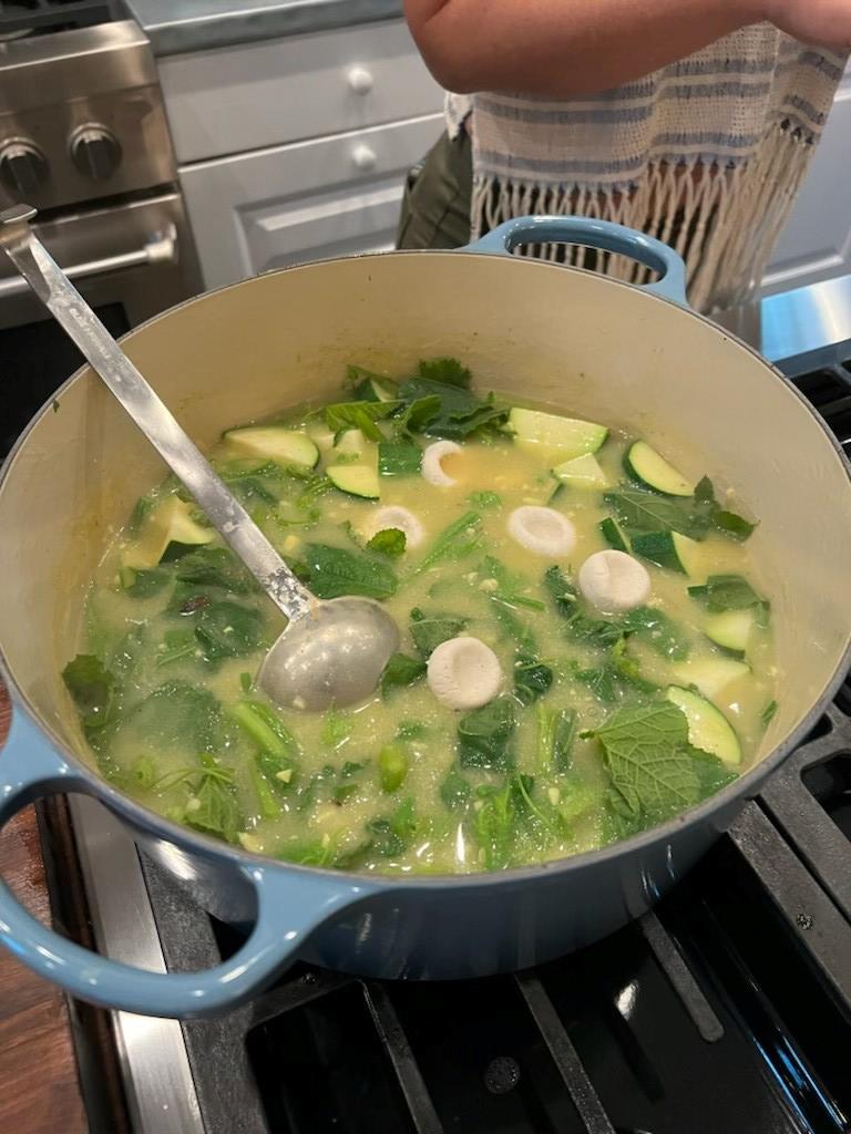 Sopa de Guias con Chochoynes: Oaxaca Squash Vine Soup & Masa Dumplings